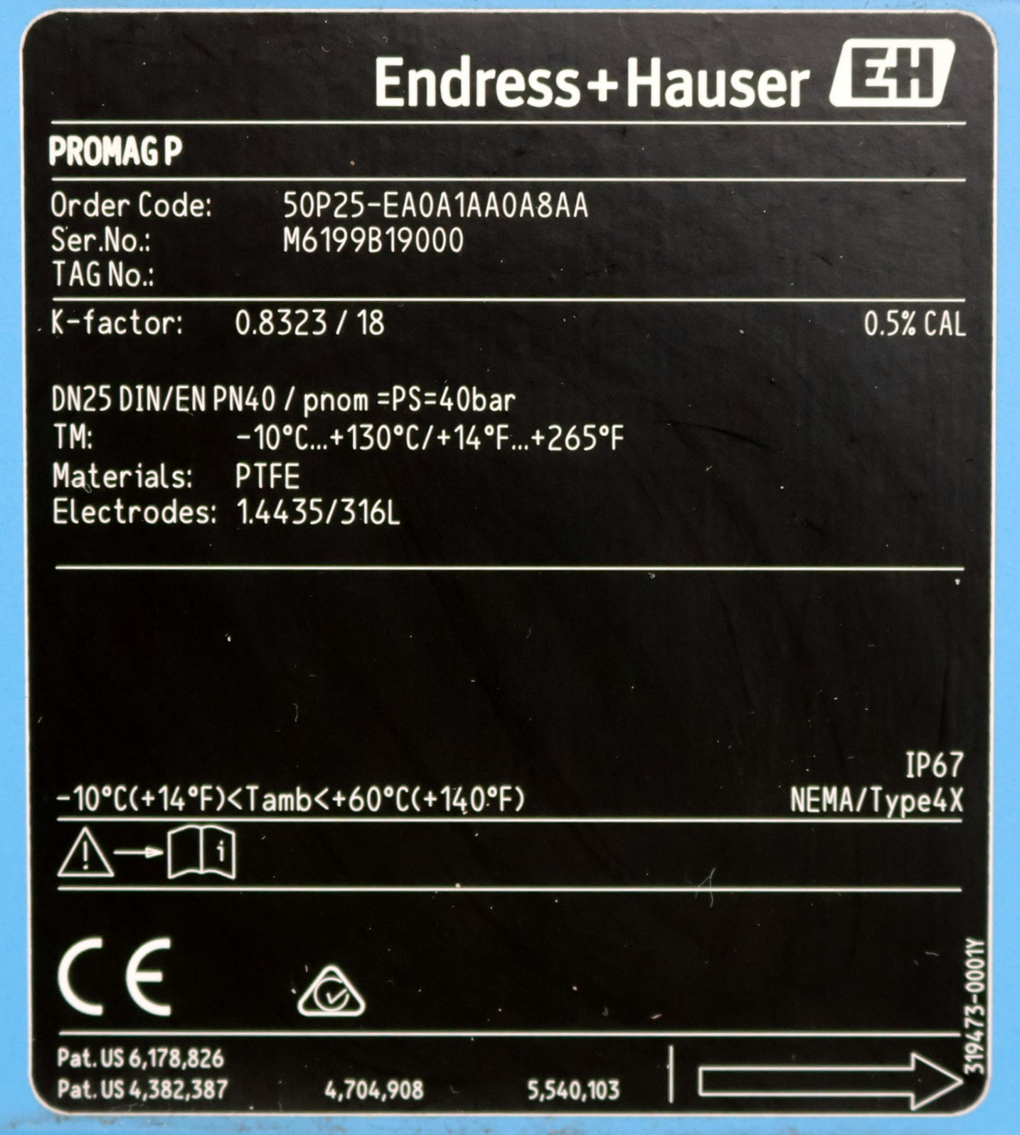 ENDRESS+HAUSER PROMAG P Durchflussmessgerät Order Code 50P25-EA0A1AA0A ...