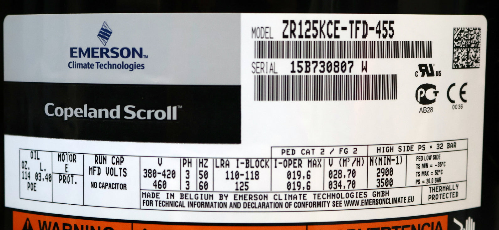 EMERSON COPELAND Kompressor ZR125KCE-TFD-455 R134A + R407C Polyol Este ...